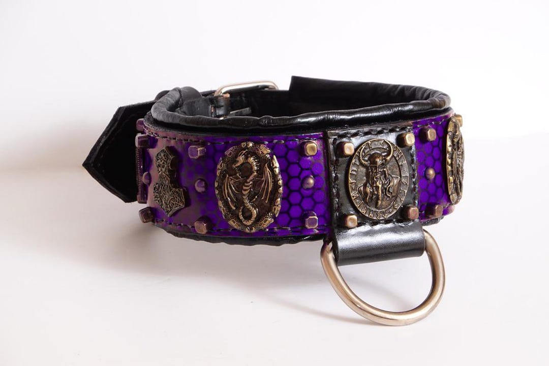 Handmade Odin Viking Leather Dog Collar: Honeycomb Black and Purple ...