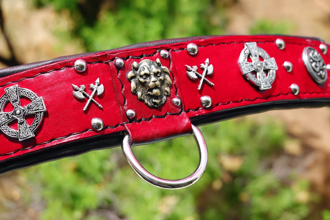 Red Leather Dog Collar: Padded, Battle Axe Conchos, Big Dogs - Etsy