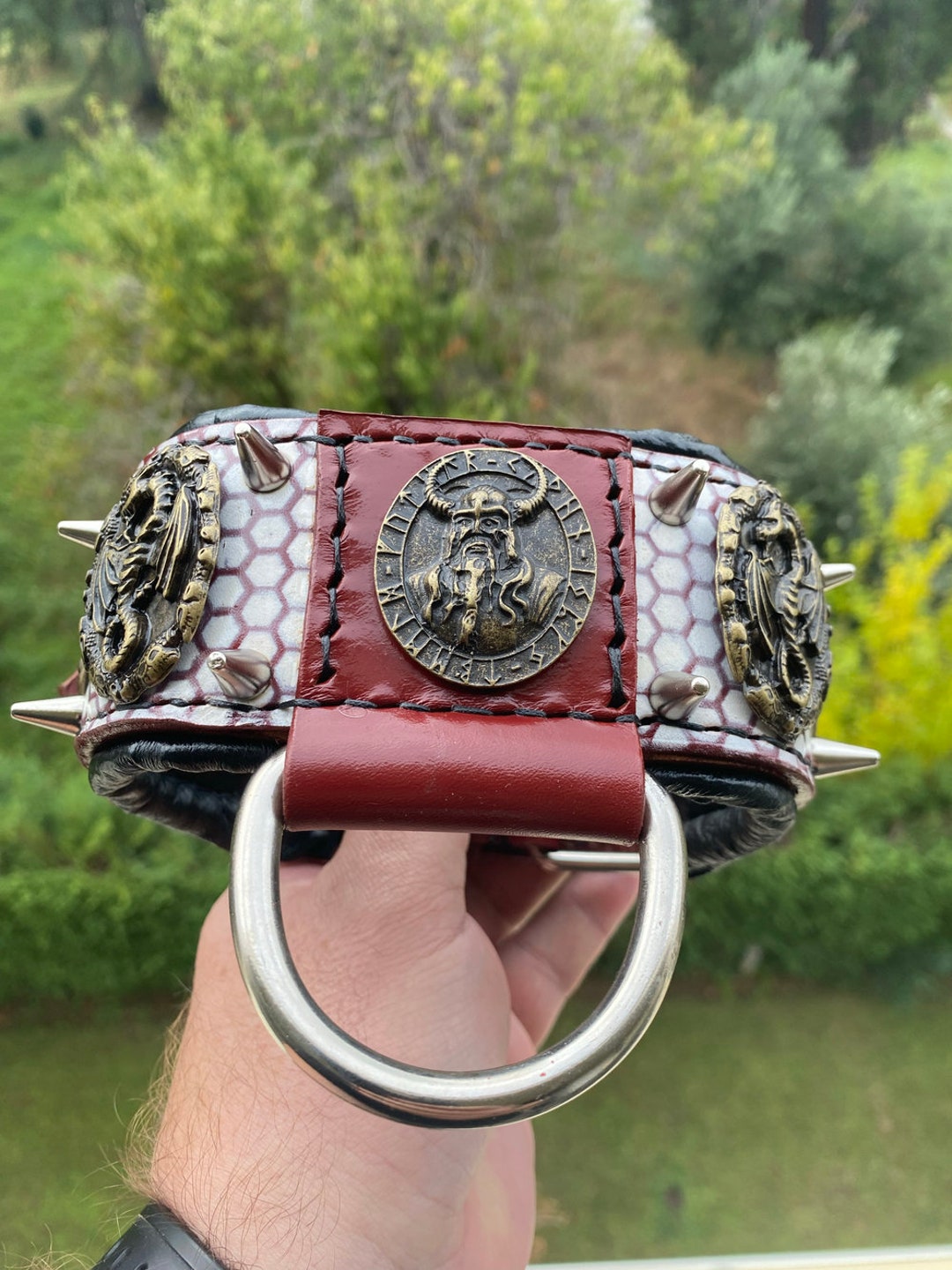 Odin Viking Leather Dog Collar: Honeycomb Pattern, Spiked Pitbull ...