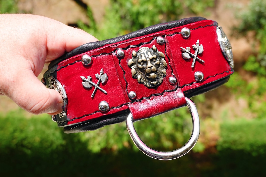 Red Leather Dog Collar: Battle Axe Conchos, Big Dogs - Etsy