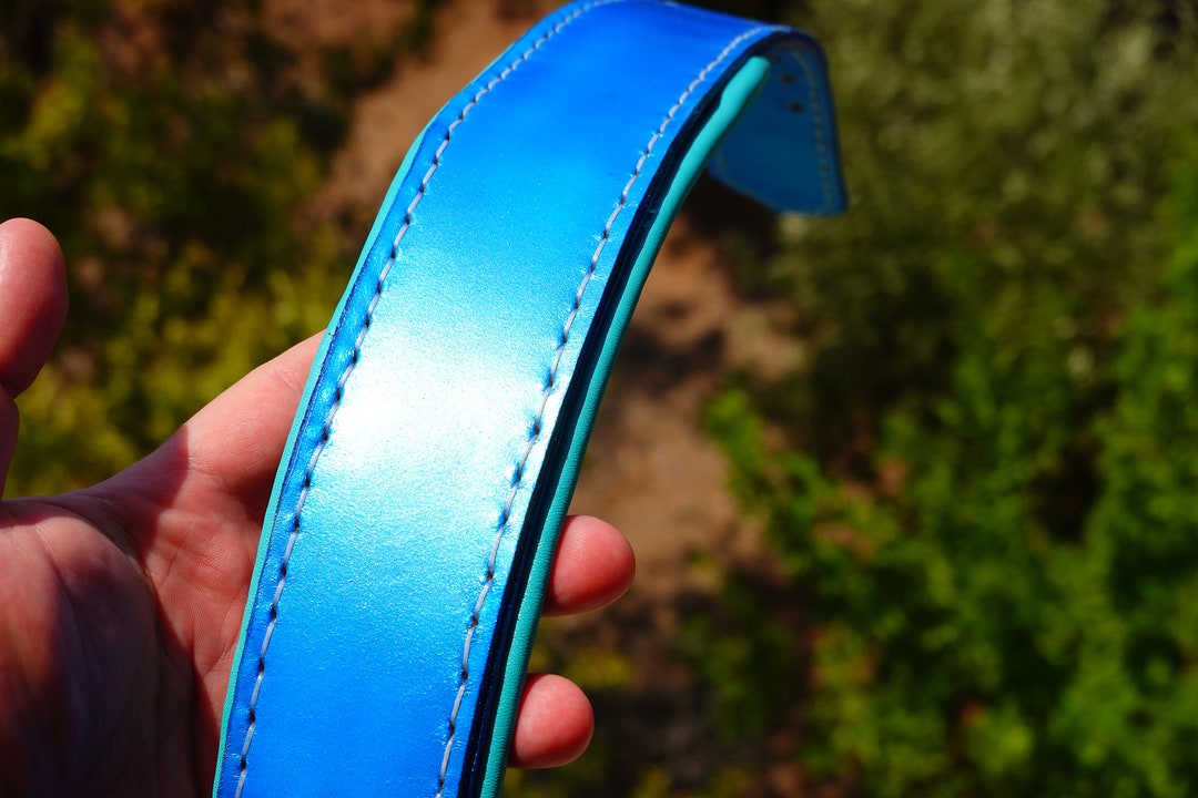 Handmade Leather Dog Collar: Color Shifting Blue to Green, Soft Padded ...