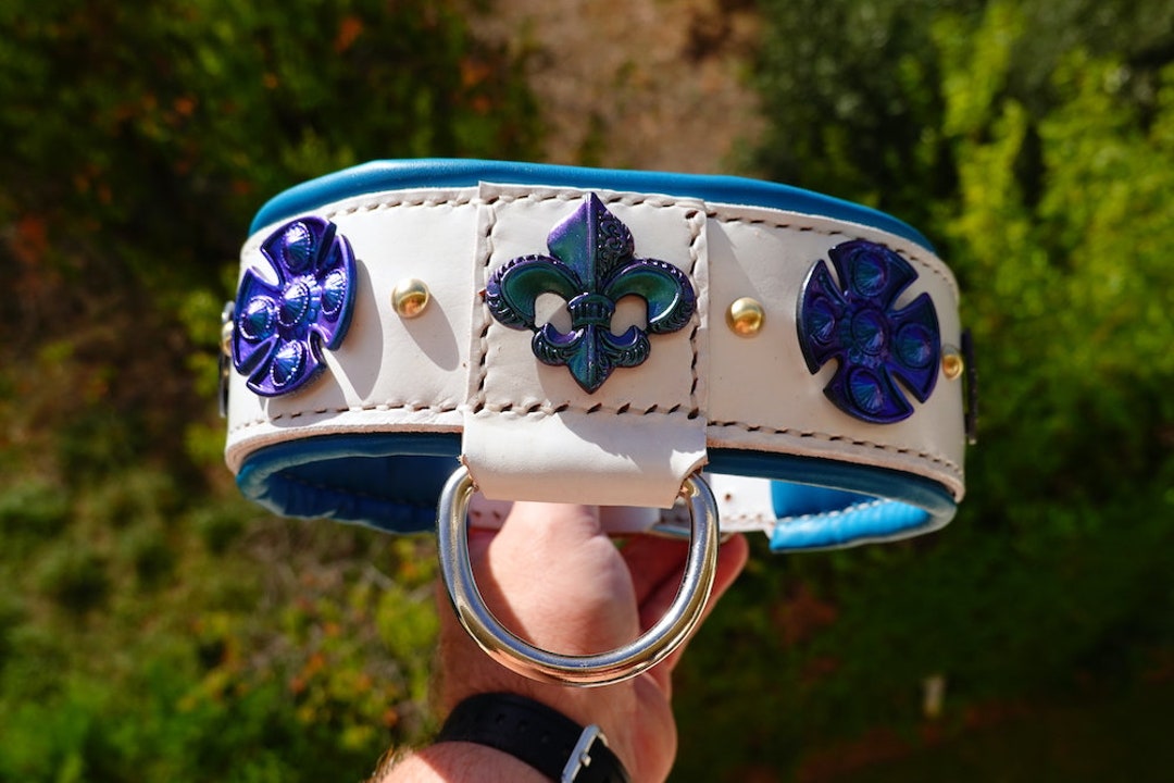 White Leather Dog Collar: Color-shifting Fleur-de-lis, Templar Crosses ...