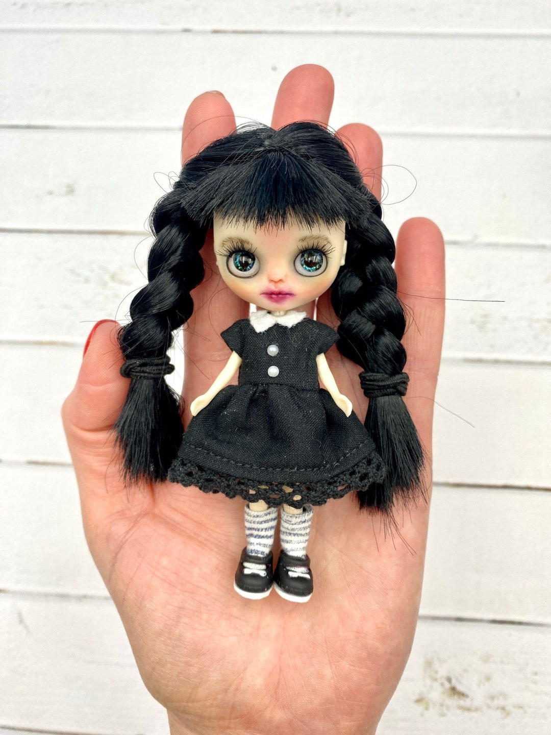 Custom Petite Blythe Doll Wednesday Addams Art Doll Mini Blythe Black ...