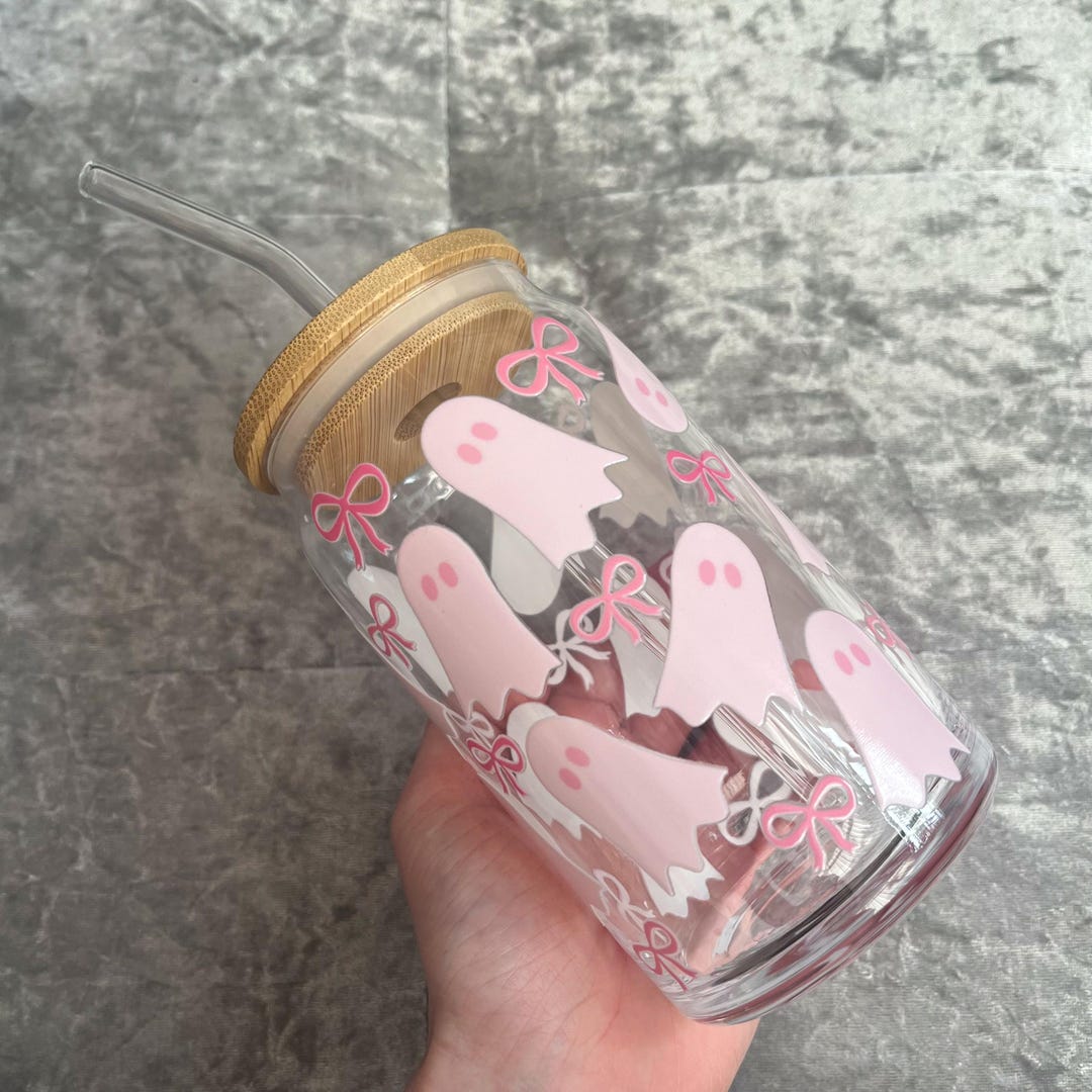 Ghost Glass Can, Bamboo Lid Glass Straw / Spooky Bow Themed Tumbler Cup ...