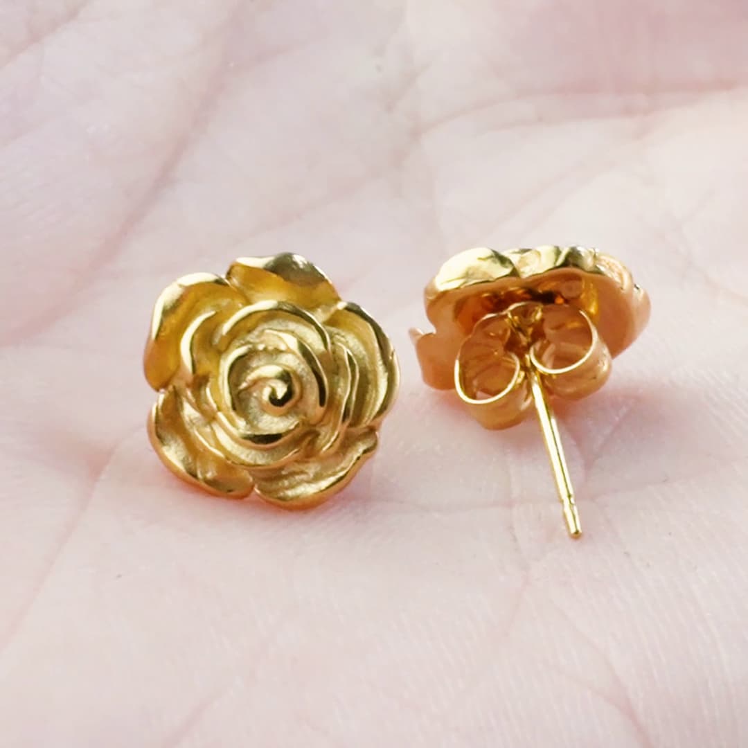 Gold Rose Stud Earrings - 24k Vermeil Rose Stud Earrings - Flower ...