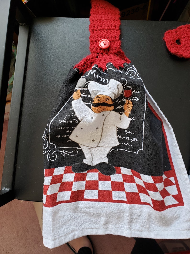 Chef Hanging Crochet Topped Kitchen Towels. Great Kitchen Decor and ...