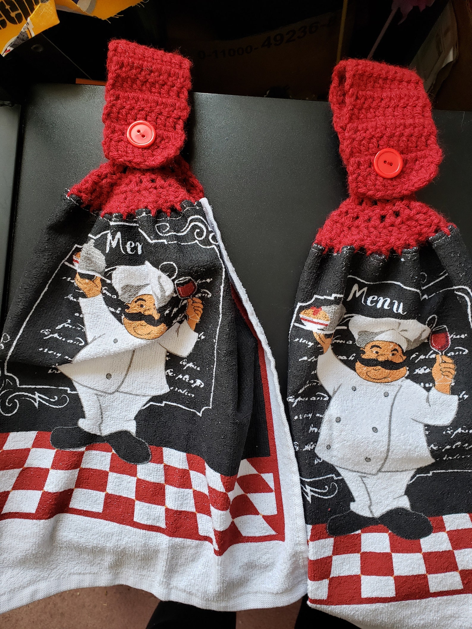 Chef Hanging Crochet Topped Kitchen Towels. Great Kitchen Decor and ...