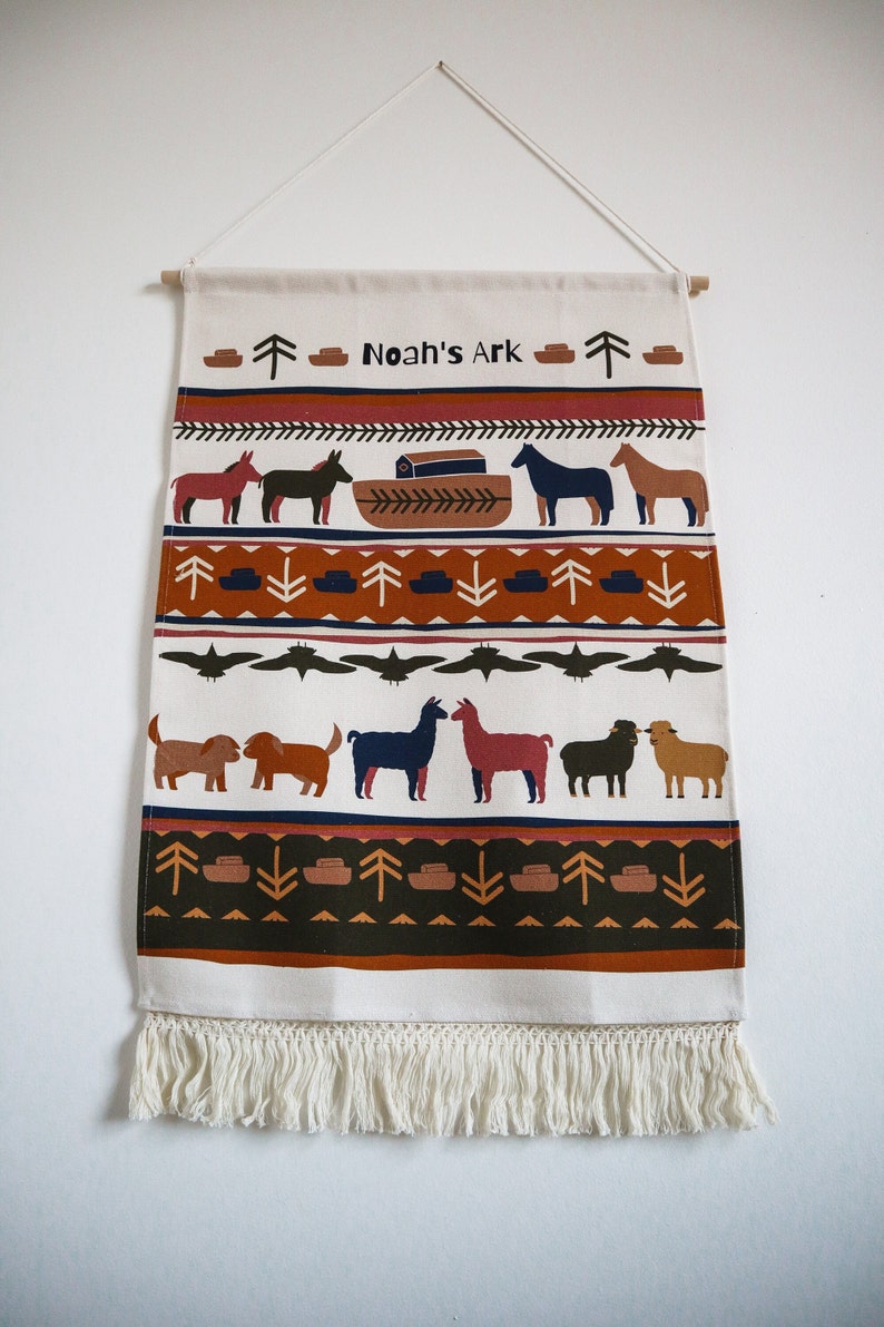 Noah's Ark Tapestry: Bible Nursery Decor, Animal Folk Art Wall Hanging ...
