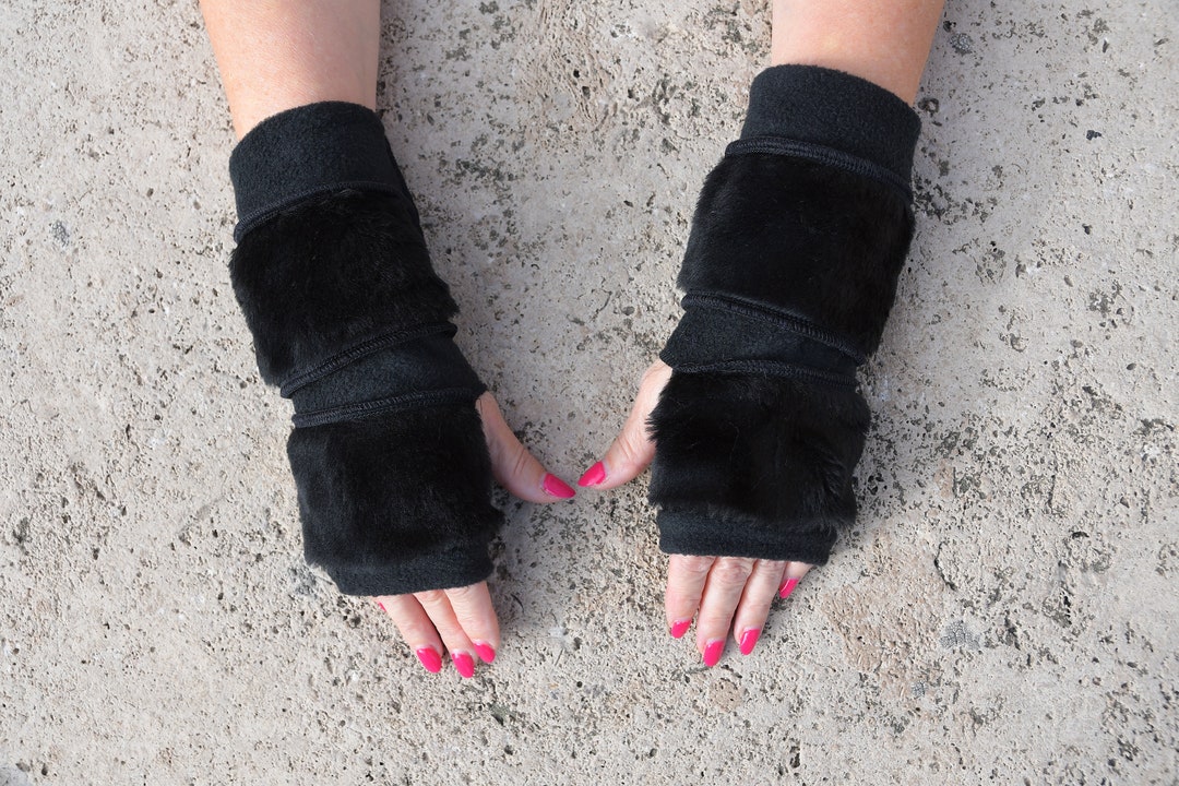Black Faux Fur Arm Warmers, Furry Hand Warmers, Fingerless Gloves ...