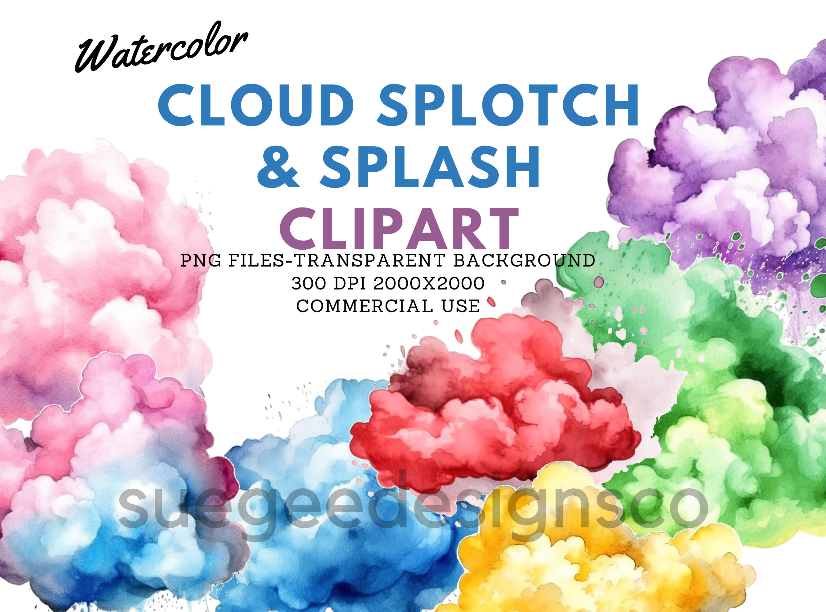 Watercolor Cloud Splotch and Splash PNG Clip Art Set, PNG Digital ...