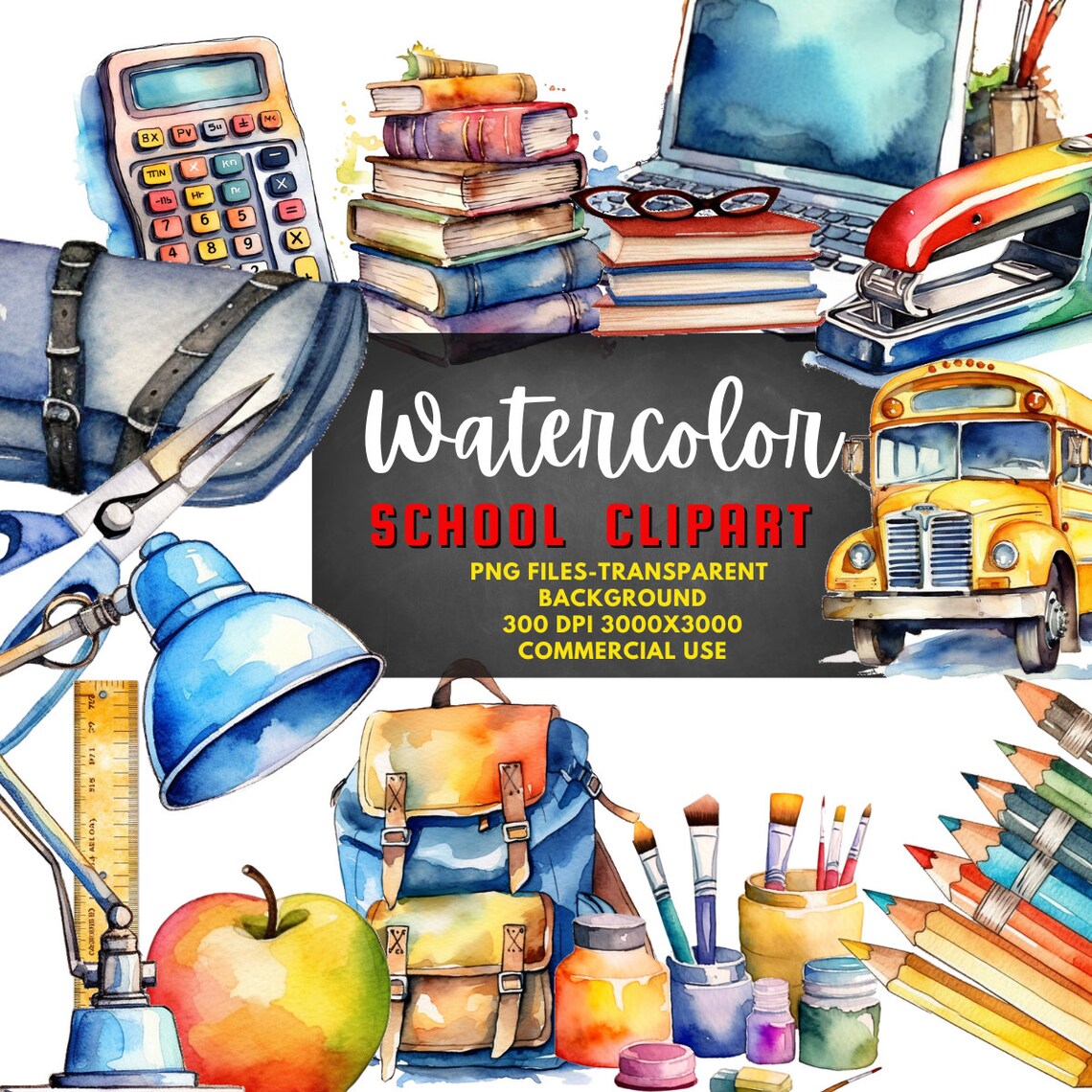 Watercolor School Clipart, School PNG, Teacher Clipart, School Supplies ...