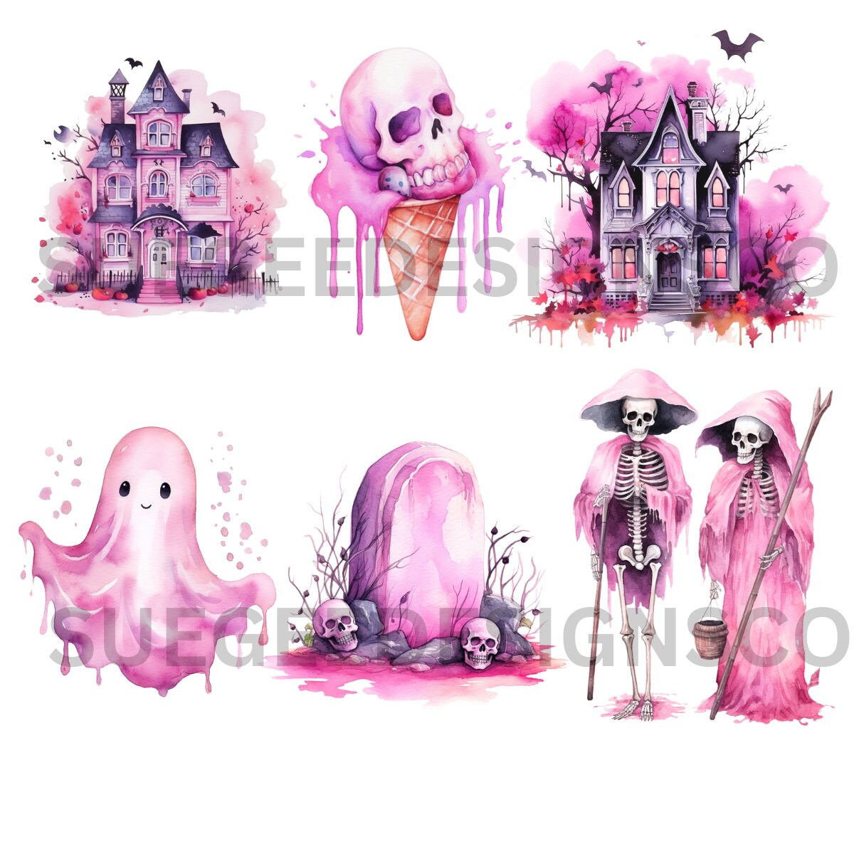 Watercolor Pink Halloween Clip Art, Pink Pumpkins, Halloween Party ...