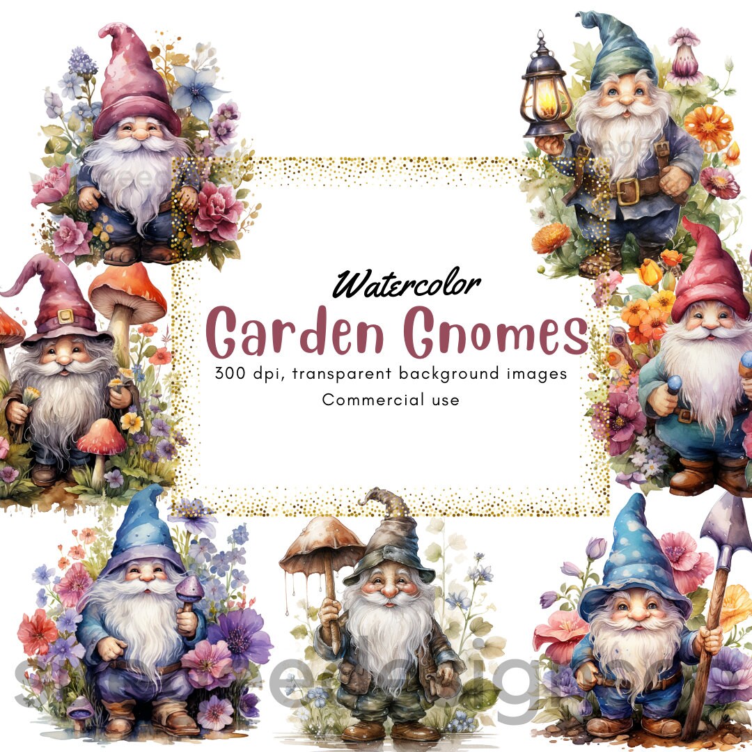 Watercolor Garden Gnomes Clipart Bundle, Fantasy Gnomes , Floral Gnome ...