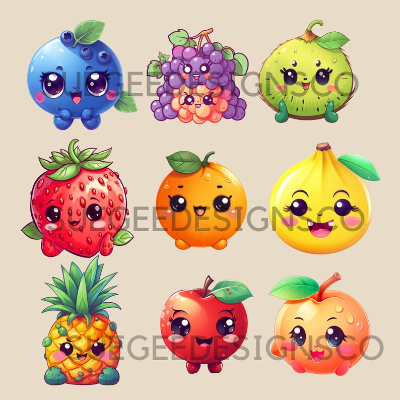 9 High Quality Kawaii Fruits Clipart Set, Digital Bundles and Printable ...