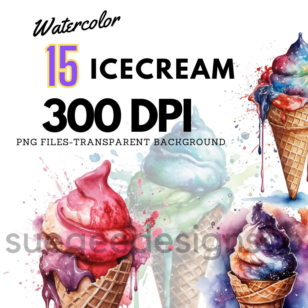 15 Watercolor Ice-cream Clipart Set, PNG Digital Bundles and Printable ...