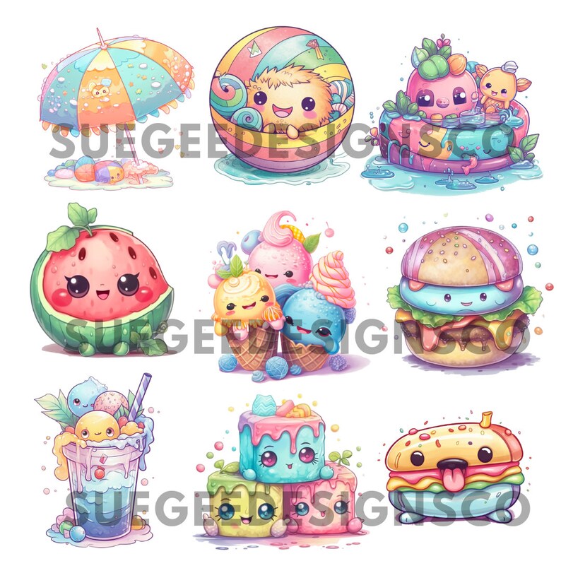 12 Kawaii Summer PNG Clipart Set, PNG Digital Bundles Sublimation ...
