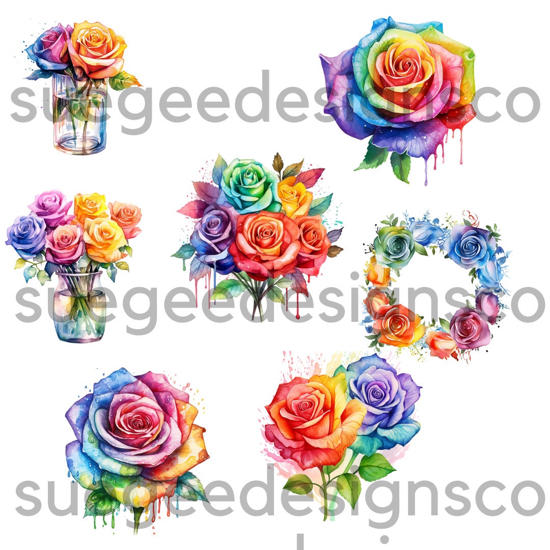 Watercolor Rainbow Roses Clip Art BUNDLE, Multicolor Rose Flowers in ...