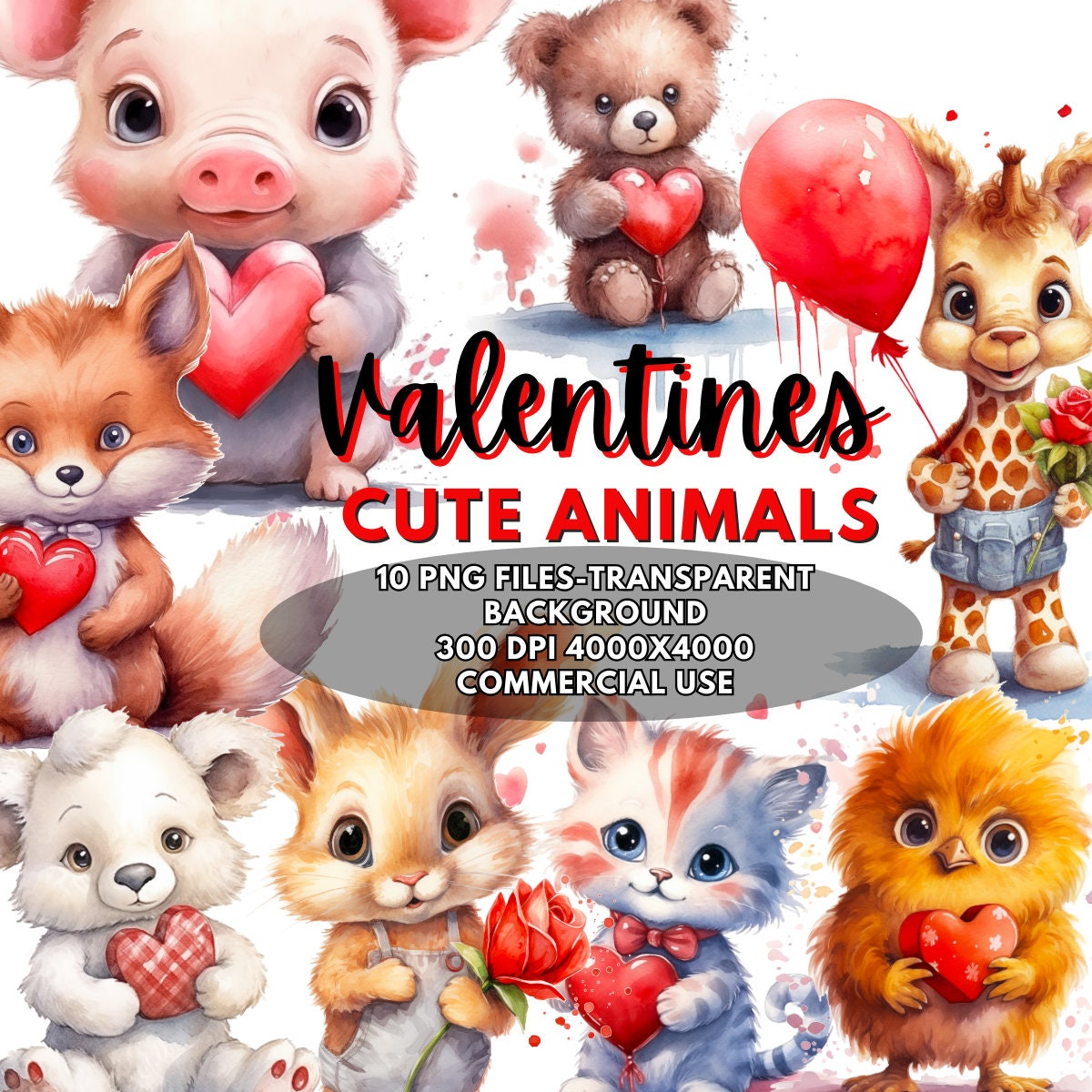 Watercolor CUTE Baby Animals Valentine Clipart,valentines PNG, Love ...
