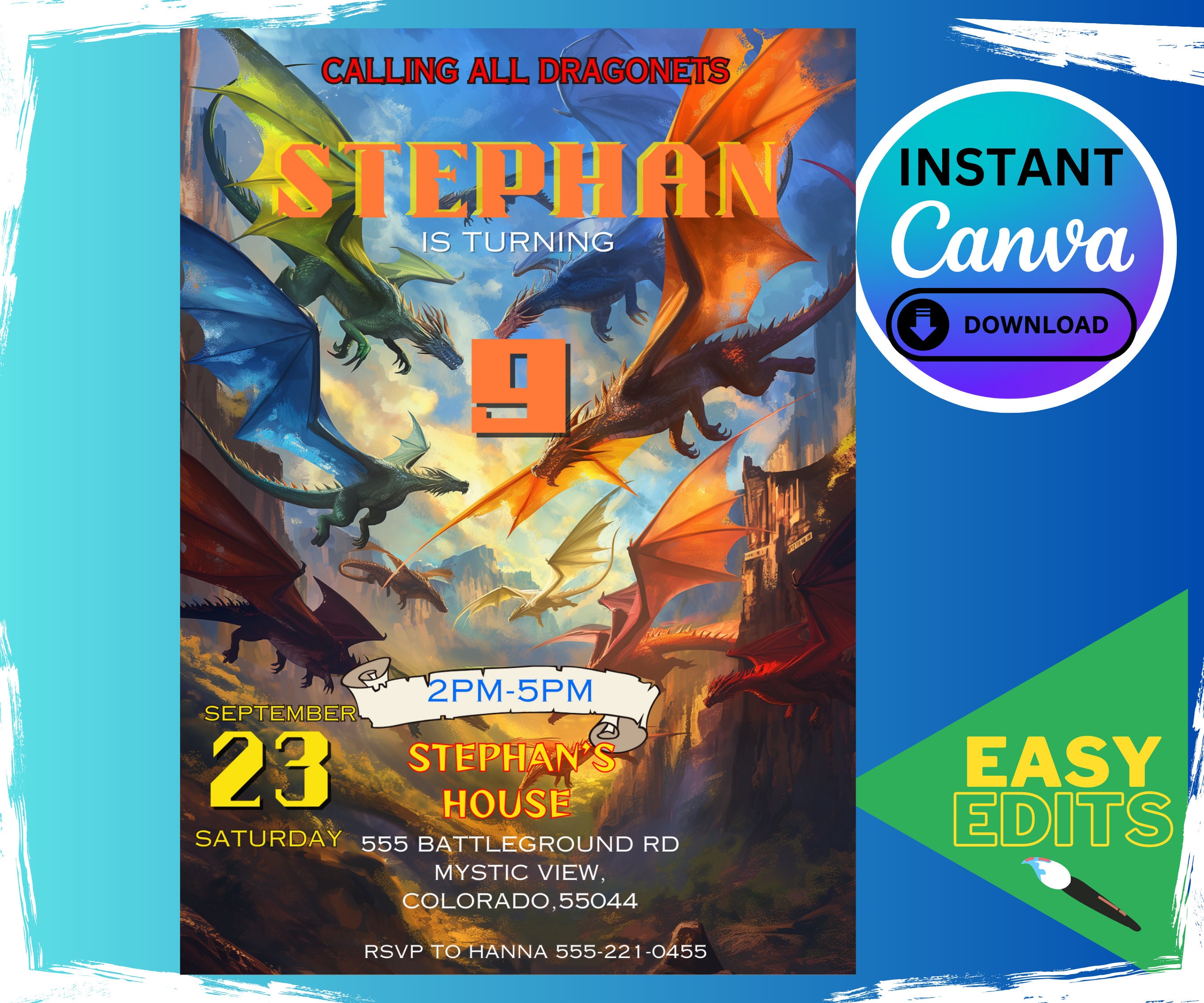 Wings of Fire Birthday Invitation Editable Template,wof Dragon Book ...