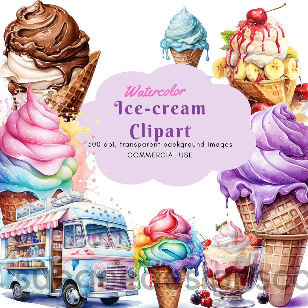 Watercolor Ice-cream Elements Clipart Bundle, Ice-cream, Sundae Clipart ...
