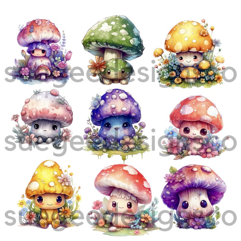 14 Watercolor Chibi Baby Mushrooms Clipart Set, PNG Digital Bundles and ...
