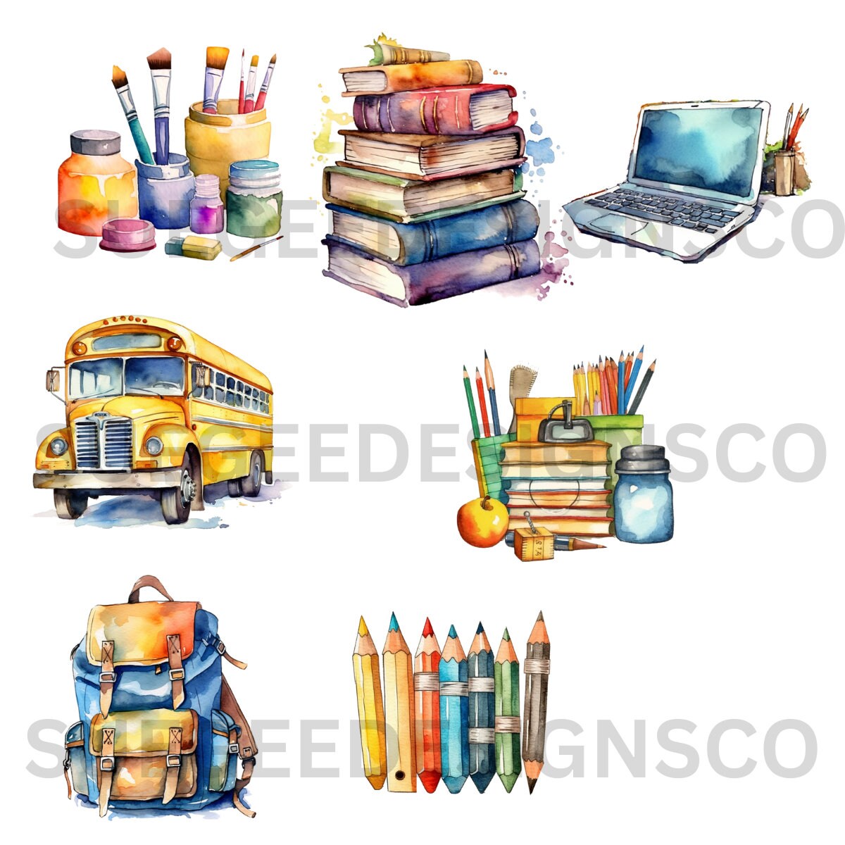 Watercolor School Clipart, School PNG, Teacher Clipart, School Supplies ...