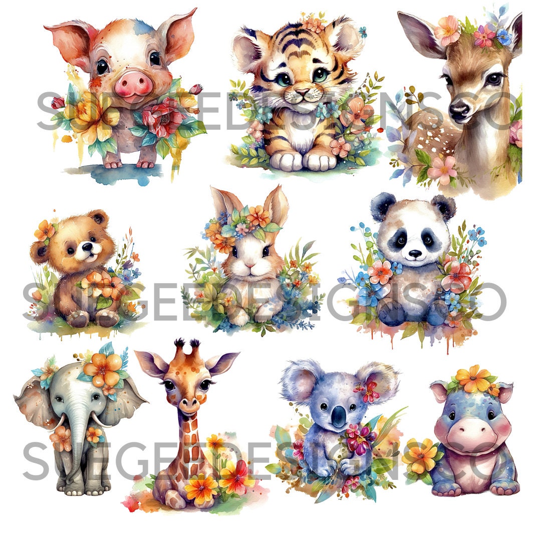 10 Watercolor Cute Baby Animals Clipart Set PNG Digital - Etsy