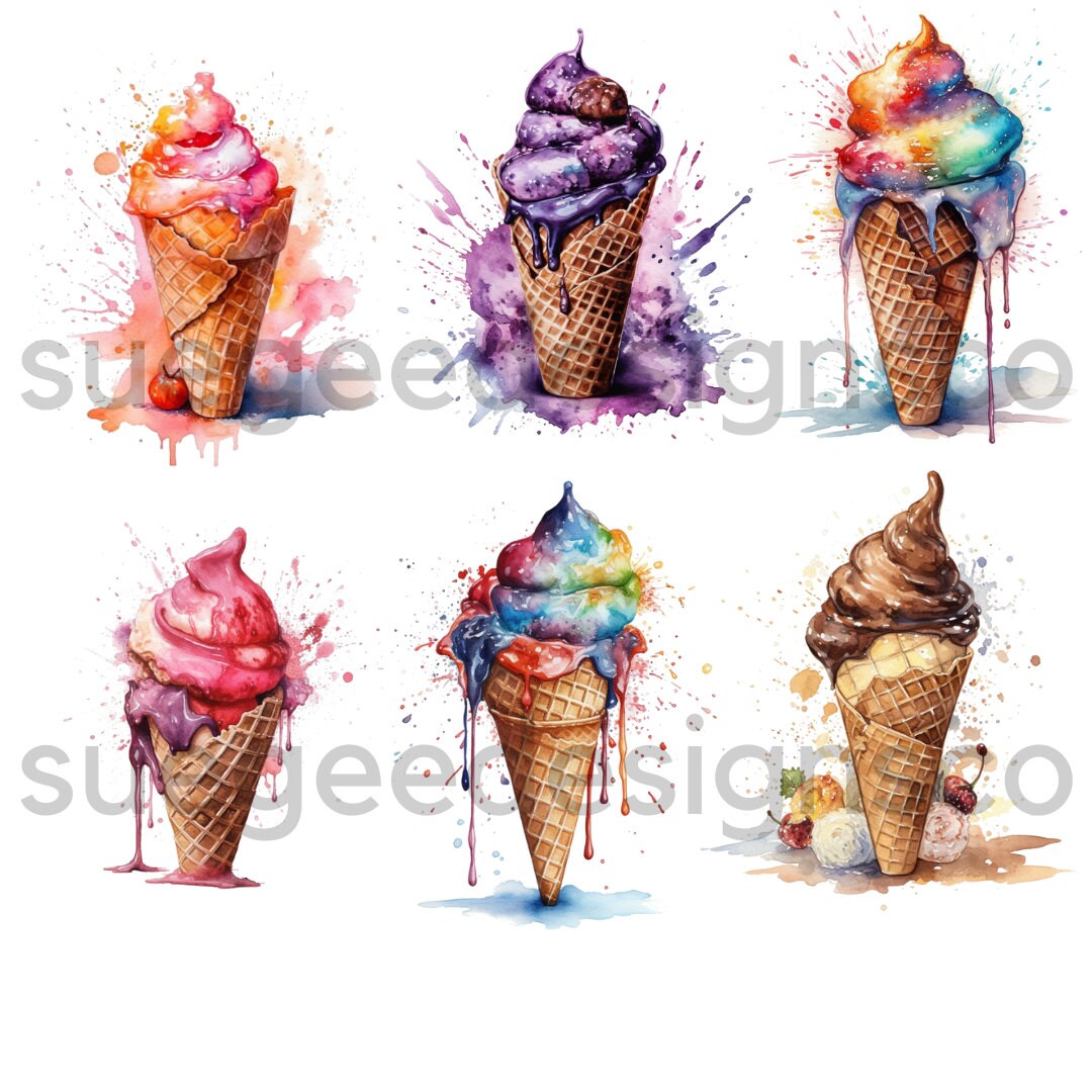 15 Watercolor Ice-cream Clipart Set, PNG Digital Bundles and Printable ...