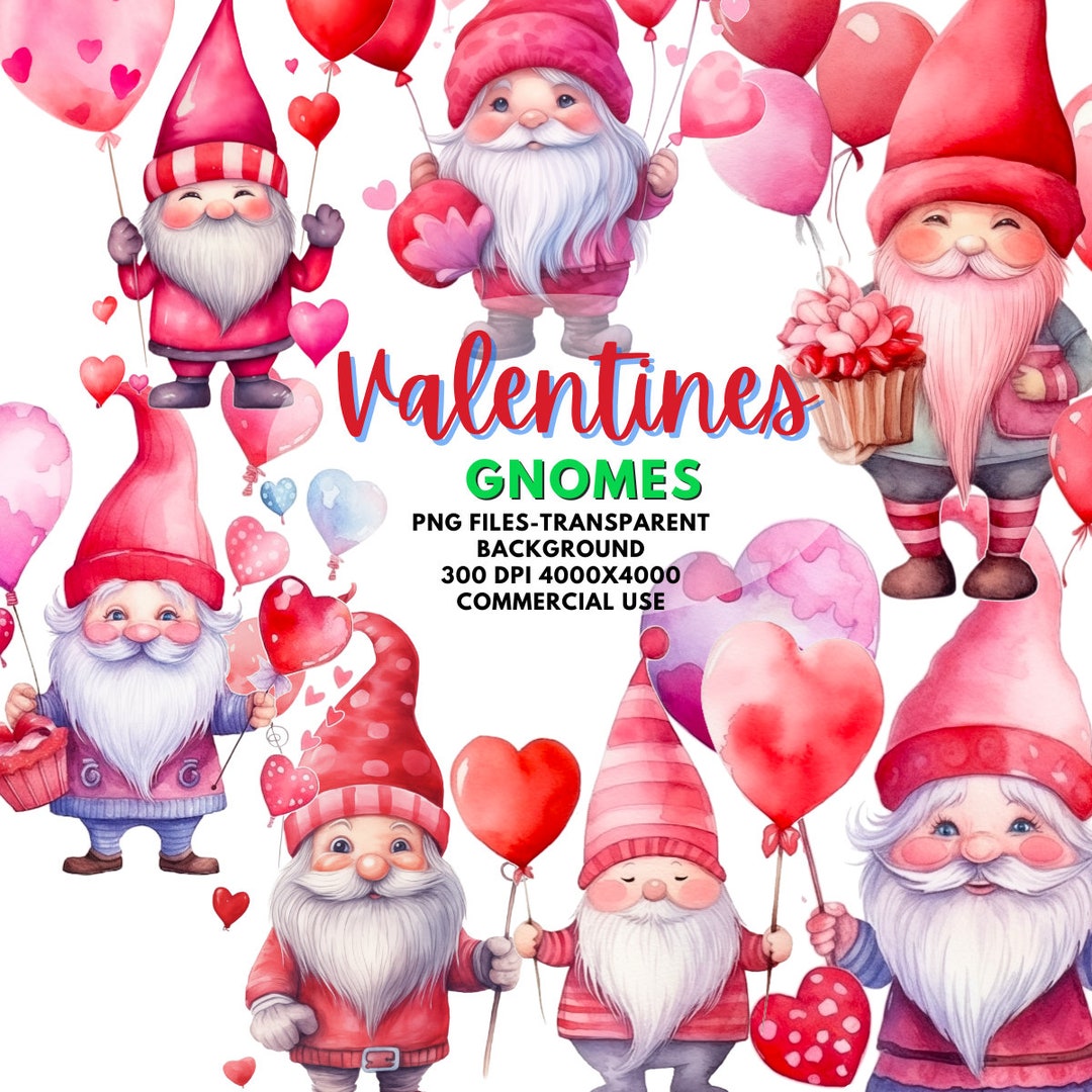 Watercolor Valentines Gnome Clipart, 8 Valentines PNG, Gnome Clipart ...