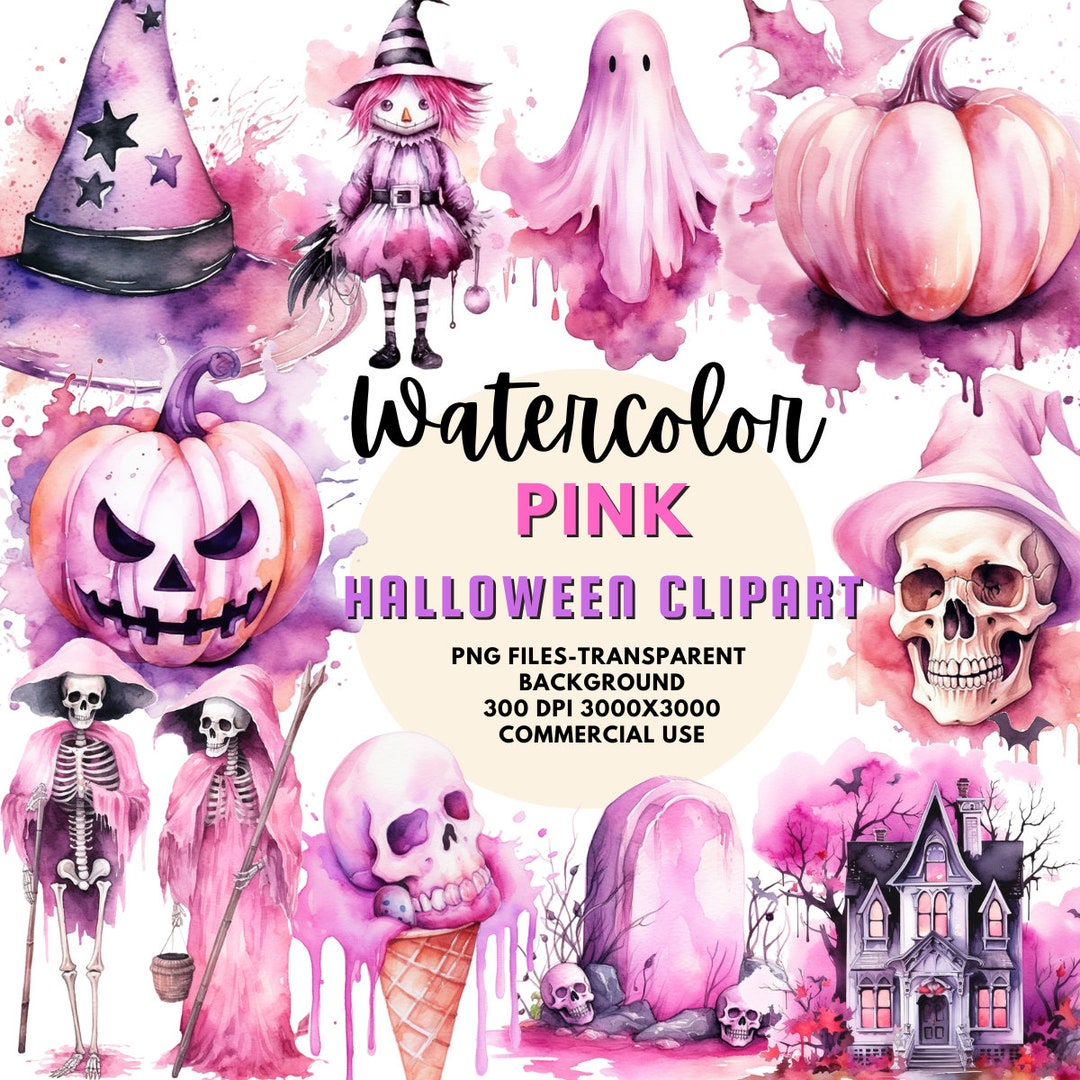 Watercolor Pink Halloween Clip Art, Pink Pumpkins, Halloween Party ...