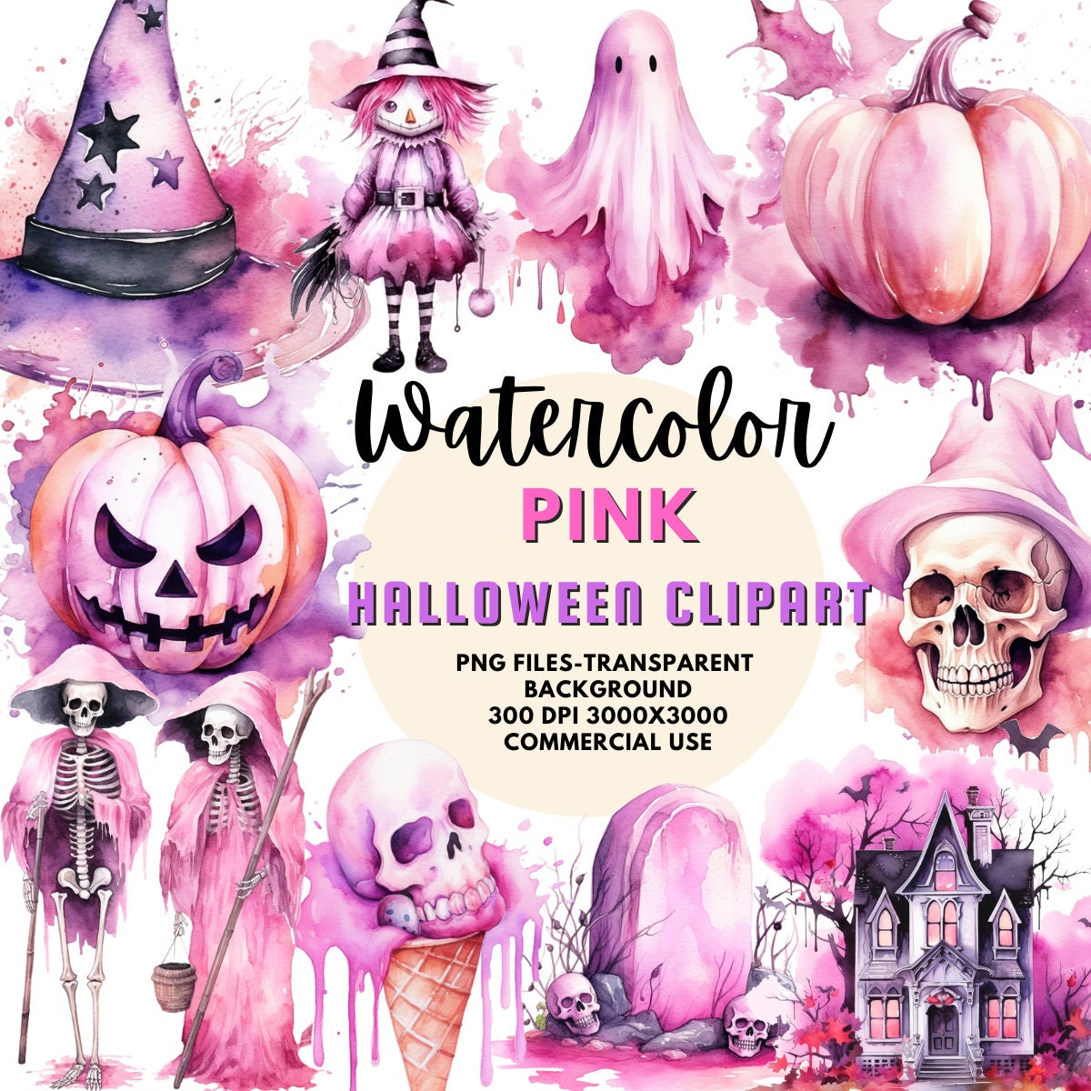 Watercolor Pink Halloween Clip Art, Pink Pumpkins, Halloween Party ...