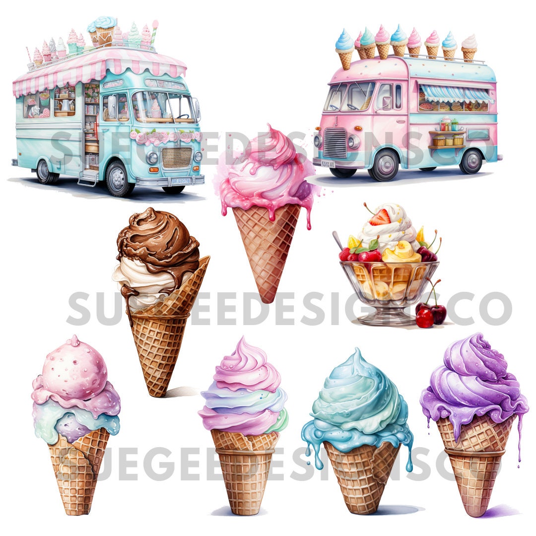 Watercolor Ice-cream Elements Clipart Bundle, Ice-cream, Sundae Clipart ...