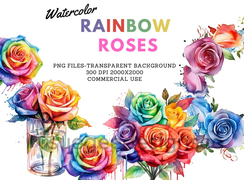 Watercolor Rainbow Roses Clip Art BUNDLE, Multicolor Rose Flowers in ...