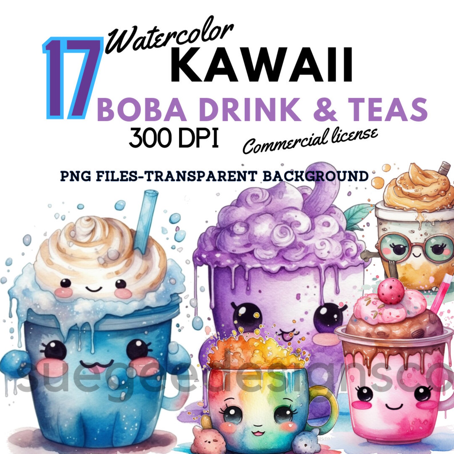 Watercolor Kawaii Bubba Tea PNG Clipart Set, Boba Coffee Png Files ...