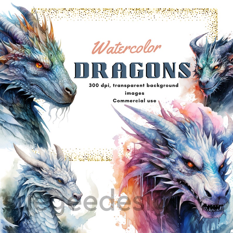 Watercolor Fantasy Dragon Clipart, Clipart Bundle, Dragon Png , Animals ...