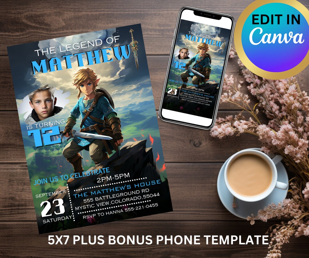 The Legend of Zelda Personalized Photo Invitation Editable Template ...