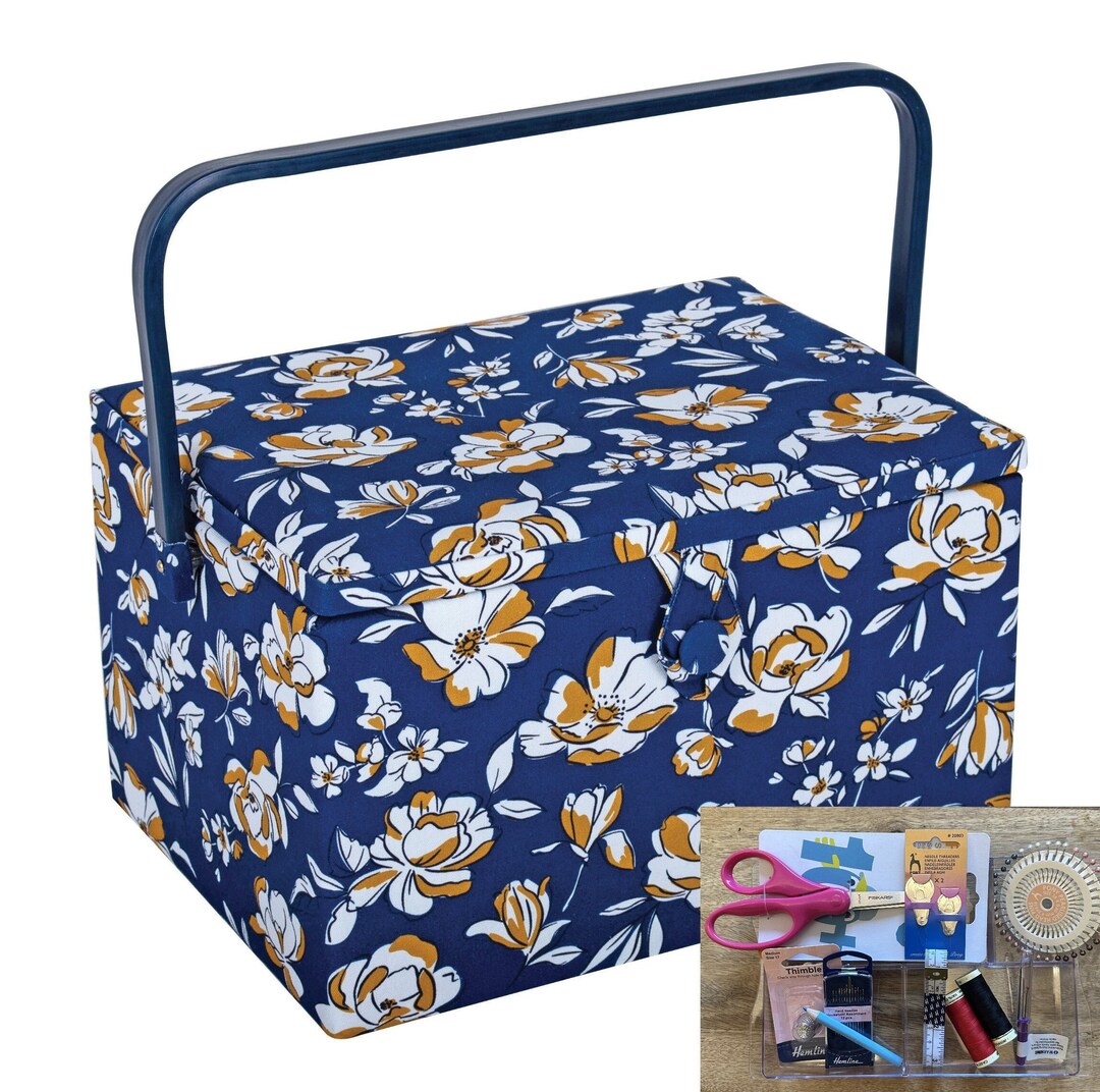 SEWING BASKET BOX Autumn Floral Design Navy Large With Optional Sewing ...
