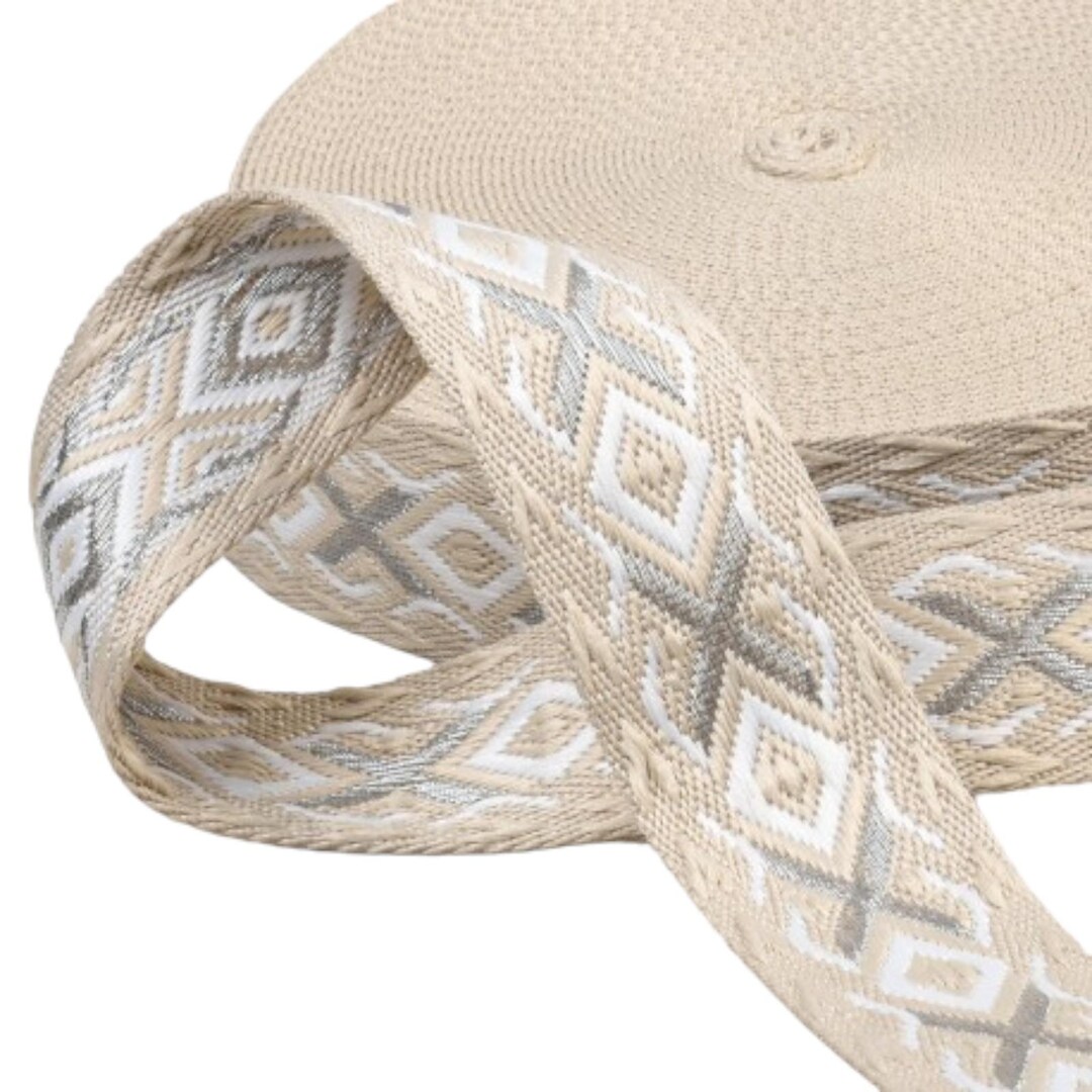 WEBBING 38mm Ethnic Embroidered Style in Light Beige & Silver Diamond ...