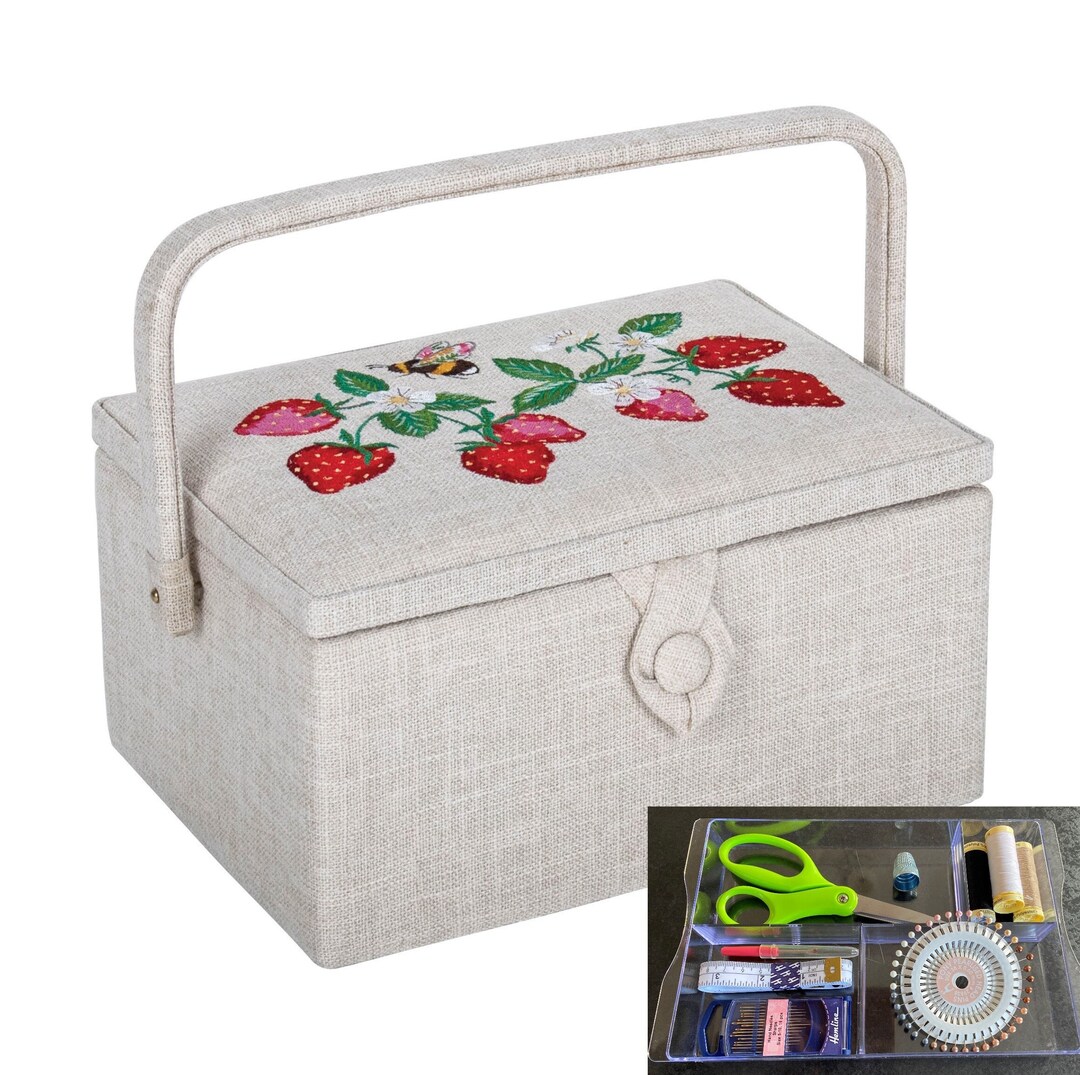 SEWING BASKET BOX Strawberries Design With an Embroidered Lid Medium ...