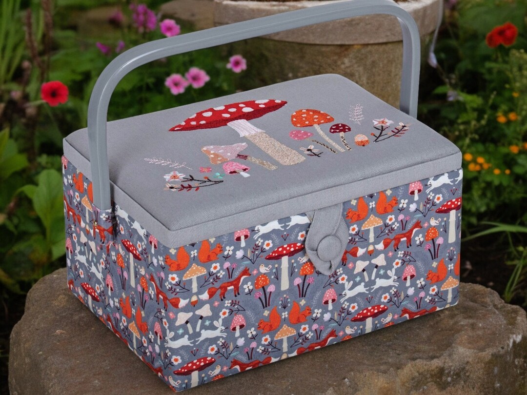 SEWING BASKET BOX Woodland Toadstool Design With an Embroidered Lid ...