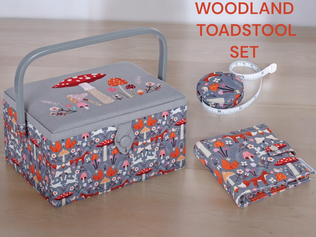 WOODLAND TOADSTOOL SET 3 Pieces: Sewing Basket With Embroidered Lid ...