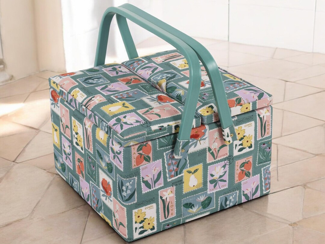 SEWING BASKET BOX Stamps Design Square Twin Lid - Etsy
