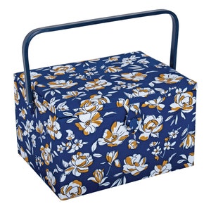 SEWING BASKET BOX Autumn Floral Design Navy Large With Optional Sewing ...