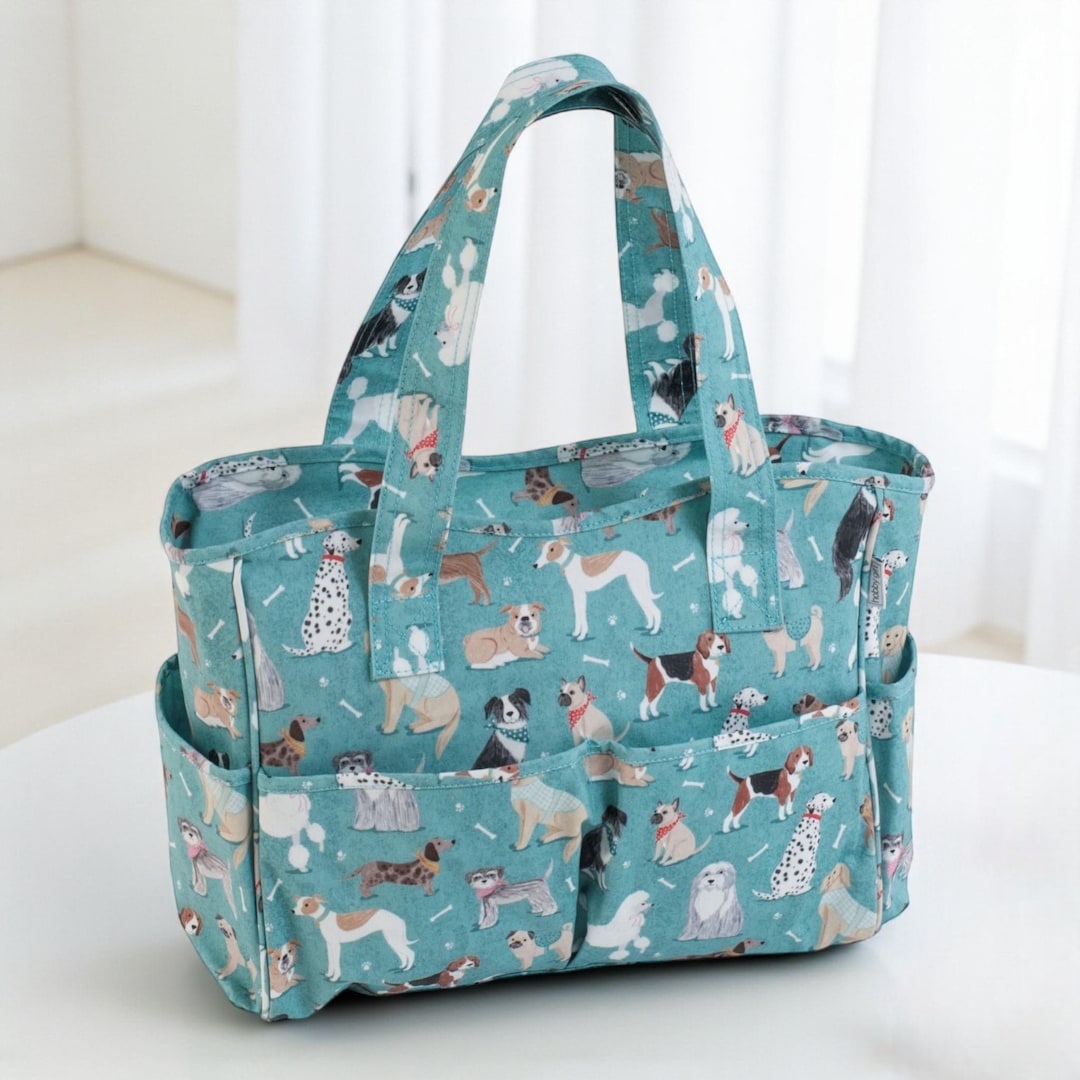 Dog Print Craft Bag – Turquoise Sewing & Knitting Tote With Pockets - Etsy