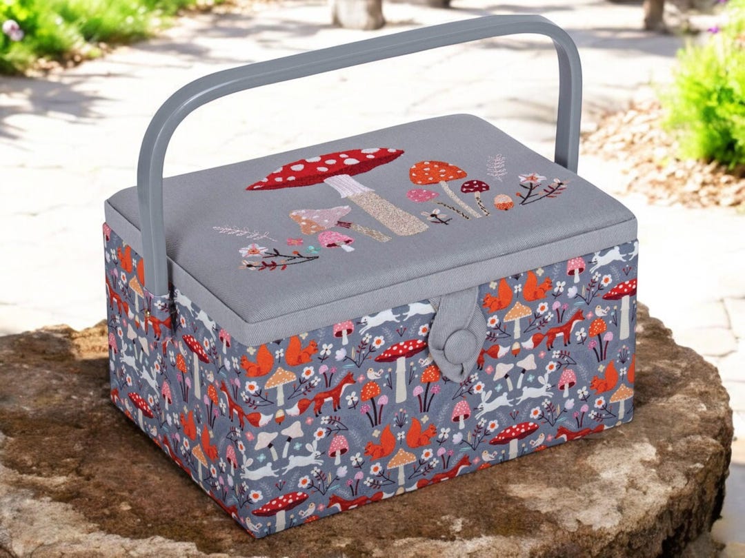 SEWING BASKET BOX Woodland Toadstool Design With an Embroidered Lid and ...
