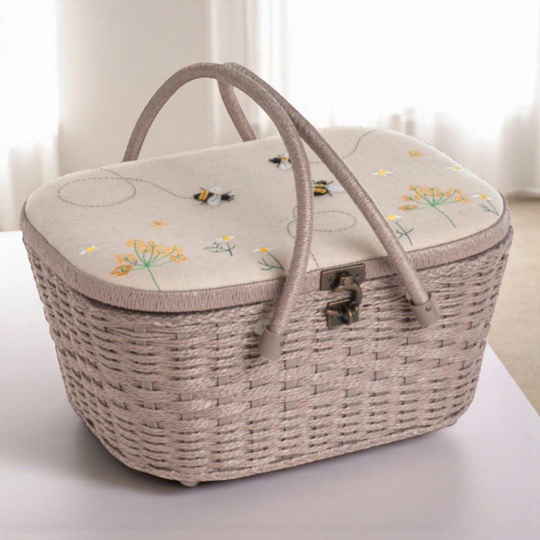 Linen Bee Wicker Sewing Basket – Large Taupe Craft Storage Box With ...