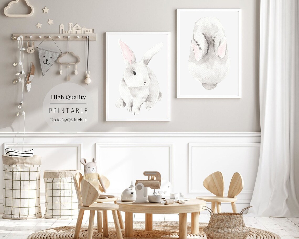 Bunny Print Set of 2, Nursery Wall Art Decor, Bunny Rabbit, Nursery ...