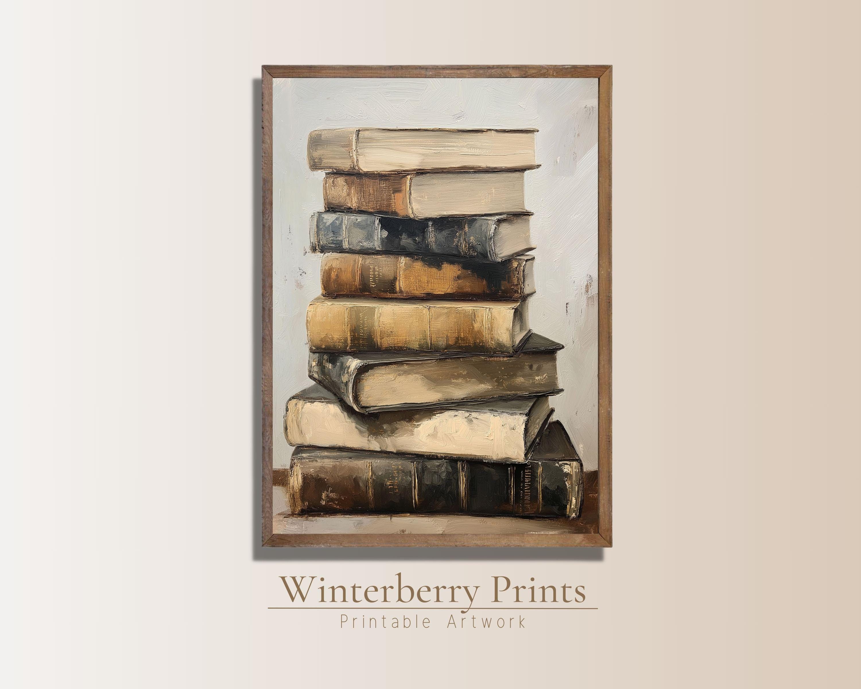Vintage Book Stack Oil Painting Print: Library Wall Art (digital ...