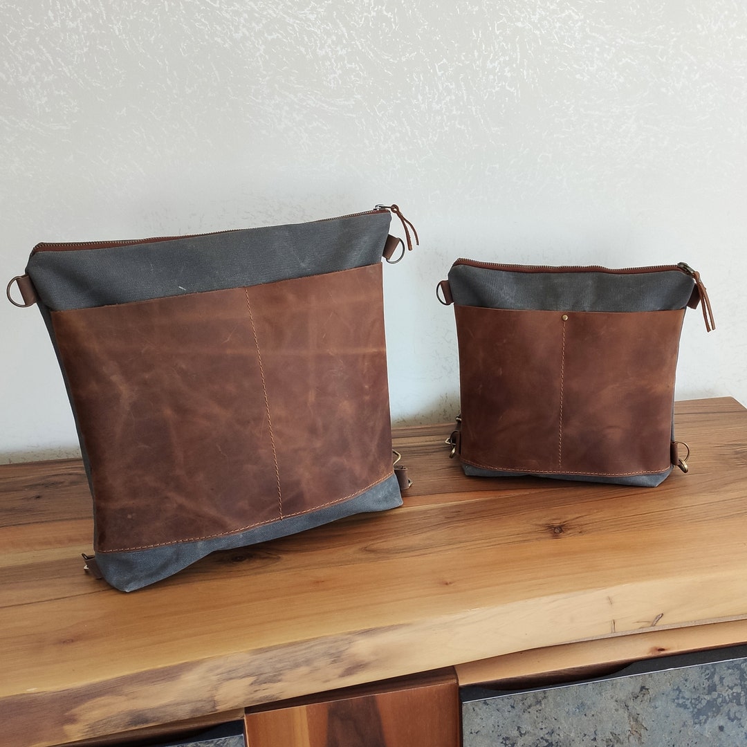 Convertible Shoulder Bag in Waxed Canvas With Leather Pocket Tote Bag ...