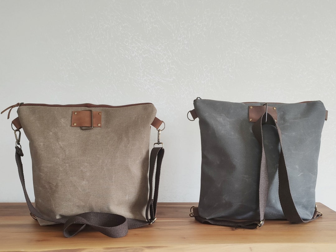 Convertible Waxed Canvas Backpack With Leather Pocket Tote Bag for ...